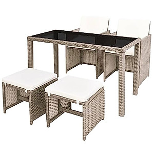 TCSGURK Outdoor Dining Set, Garden Patio PE Rattan Set w/Cushions, Furniture with Glass Table and Chairs (Color : Beige, Size : 48.4" x 23.6" x 29.1")