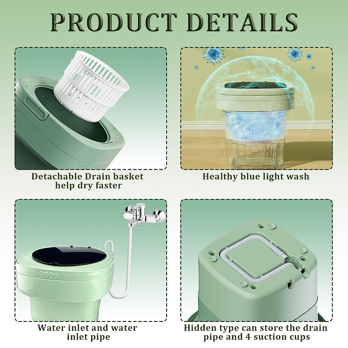 Portable Washing Machine,Upgraded 9L Mini Folding Washer with Spin Dryer,Deep Cleaning of Underwear,Baby Clothes,or Small Items,Foldable Washing Machine for Apartment,Camping,RV,Travel(Green)