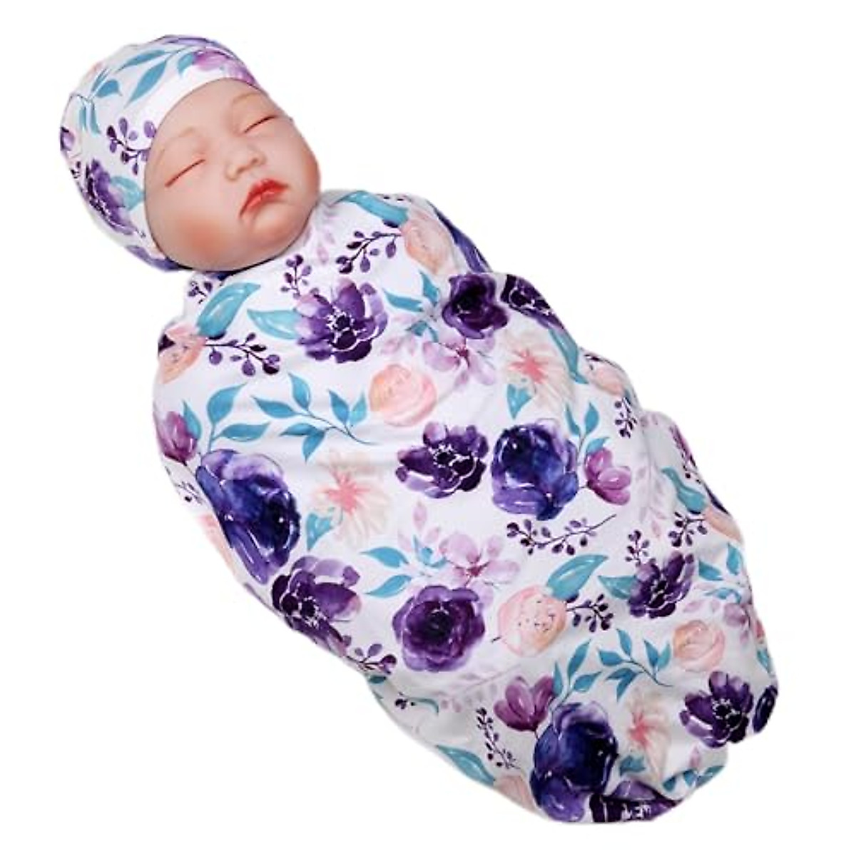 Newborn Receiving Blanket Girl, Stretchy Baby Swaddle Blankets Headband Hat Set, New Born Hospital Outfit Infant Shower Gift, 0-3 Months, Purple Floral