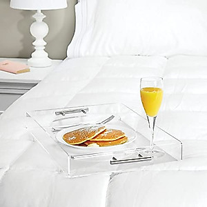 mDesign Modern Acrylic Rectangular Serving Tray with Handles for Food, Tea, Coffee, Breakfast, Snacks, Cheese, Appetizers - Use in Kitchen, Bathroom, Office - Small, 2 Pack - Clear/Stainless Steel