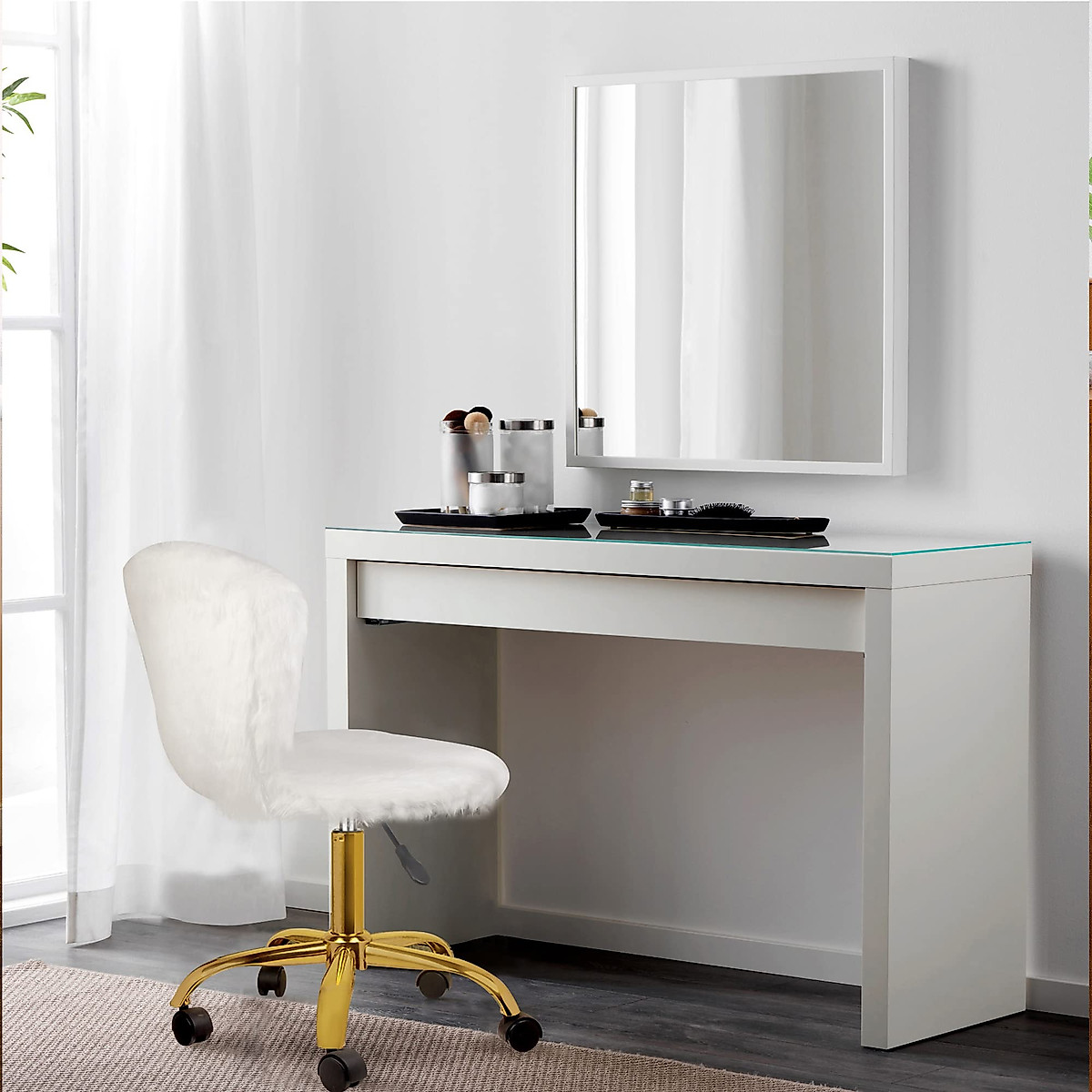 GIA Mid-Back Adjustable Swivel Vanity Chair, Faux Fur White