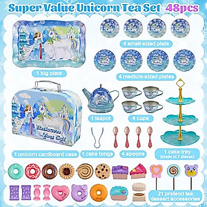 Toddler Toys Tea Set for Little Girls - 48 Pcs Tin Tea Set for Kids Includes Teapot, Tea Cup, Saucers Set Snack Plates & Desserts , Unicorn Princess Tea Party Set with Carrying Case