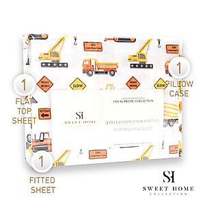 1500 Supreme Kids Bed Sheet Collection - Fun Colorful and Comfortable Boys and Girls Toddler Sheet Sets - Deep Pocket Wrinkle Free Soft and Cozy Bedding - Twin, Construction