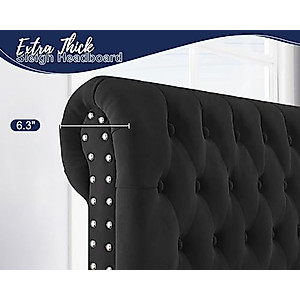 Jocisland Upholstered Bed Frame Queen Size Velvet Tufted Bed Frame Sleigh Headboard Black