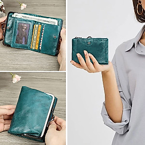 Contacts Womens Kiss Lock Wallet Leather Small Zipper Coin Pocket for Women Blue Bifold Rfid Clasp Purse Card Holder with Photo Window