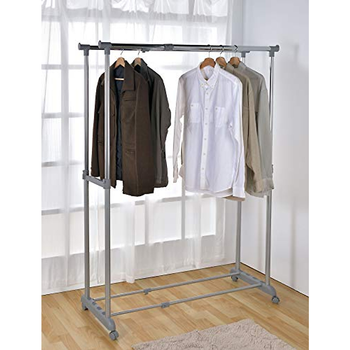 Seasonfall Double Rail Clothing Garment Rack Heavy Duty Clothes Rack for Hanging Multi-Functional Rolling Clothes Organizer on Wheels