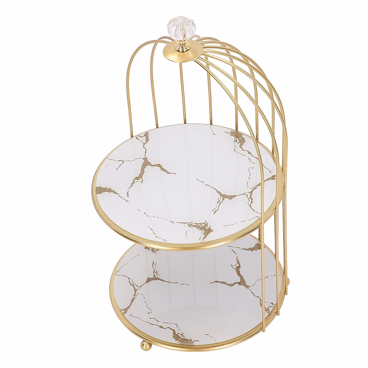 Double Layer Storage Shelf, Glass Bottom Plate Wear Gold Frame Bird Cage Organizer Rack for Bathroom Countertop (White Base Gold Pattern)