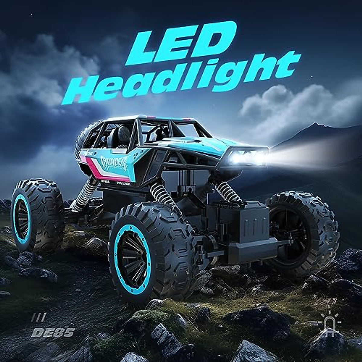 DEERC 1:12 Remote Control Car with Metal Shell, 4WD Off Road Monster Truck, Dual Motors LED Headlight RC Rock Crawler, 2.4Ghz All Terrain Hobby RC Cars Toys for Boys Kids Adults Gifts (W/2 Batteries)