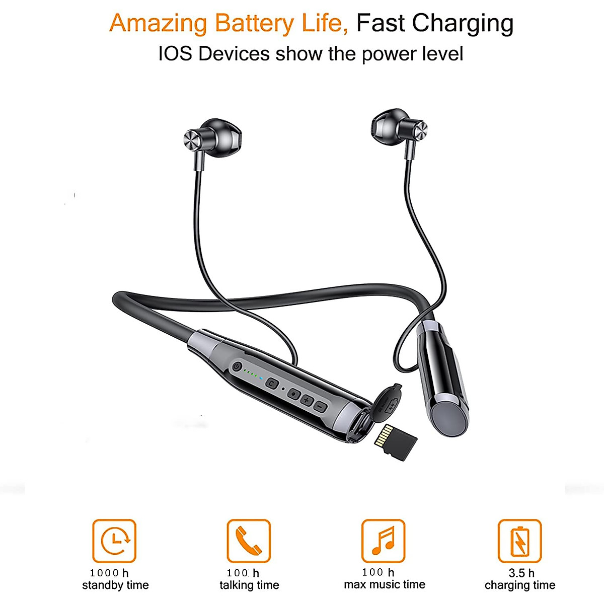 Bluetooth Headphones Neckband Wireless HeadsetTF card can be insertedwith MP3function100 Hours Long Battery Life Built-in Noise Cancelling Microphone Semi-in-Ear Earbuds foRunningDrivingWorking