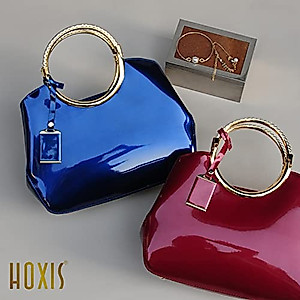 HOXIS Charm Glossy Metal Grip Structured Shoulder Handbag Top Handle Patent Leather Handbags for Women (Navy)