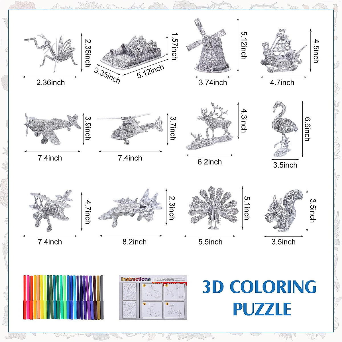 Syhood 36pcs 3D Coloring Puzzle Set Animal Painting Puzzle Crafts for Girls Set Include 12 Creative DIY Painting with 24 Coloring Pens for Boys and Girls Educational Birthday Gift Supplies