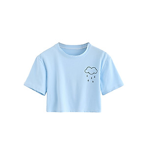 SweatyRocks Women's Graphic Print Crop Top Summer Short Sleeve Casual T Shirts Blue S