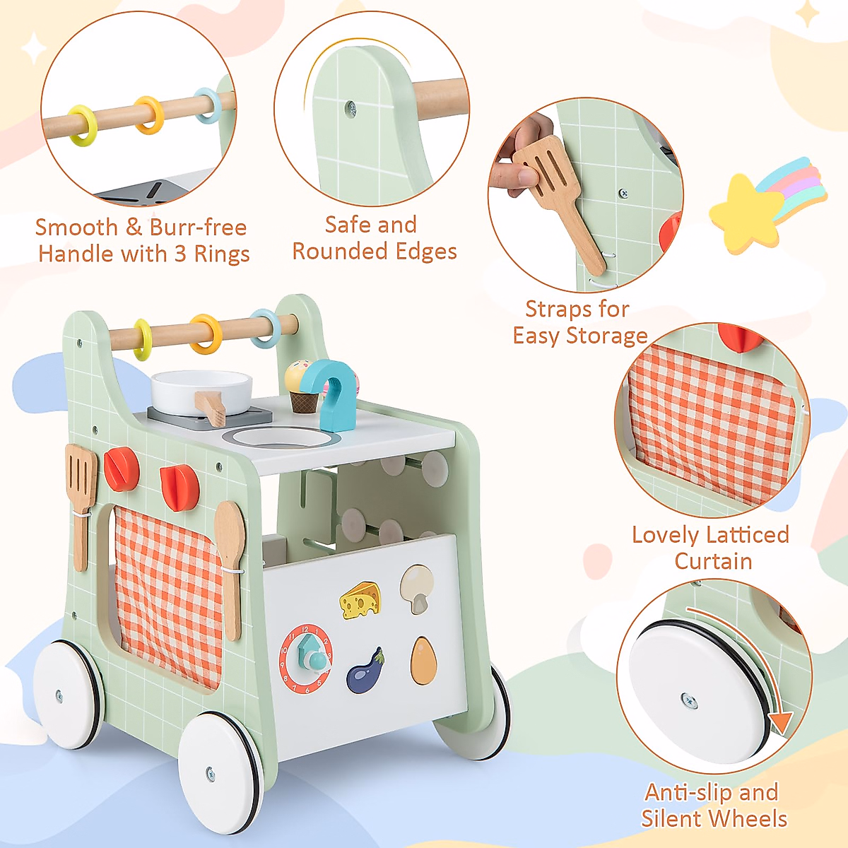 HONEY JOY Baby Push Walker, 6-in-1 Wooden Play Kitchen Walker Activity Center w/Shape Sorter, Develop Motor Skills & Creativity, Push Toys for Babies Learning to Walk, Gift for Boys and Girls