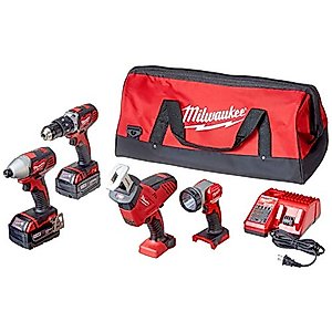 Milwaukee 2695-24 M18 18V Cordless Power Tool Combo Kit with Hammer Drill, Impact Driver, Reciprocating Saw, and Work Light (2 Batteries, Charger, and Tool Case Included) (Renewed)