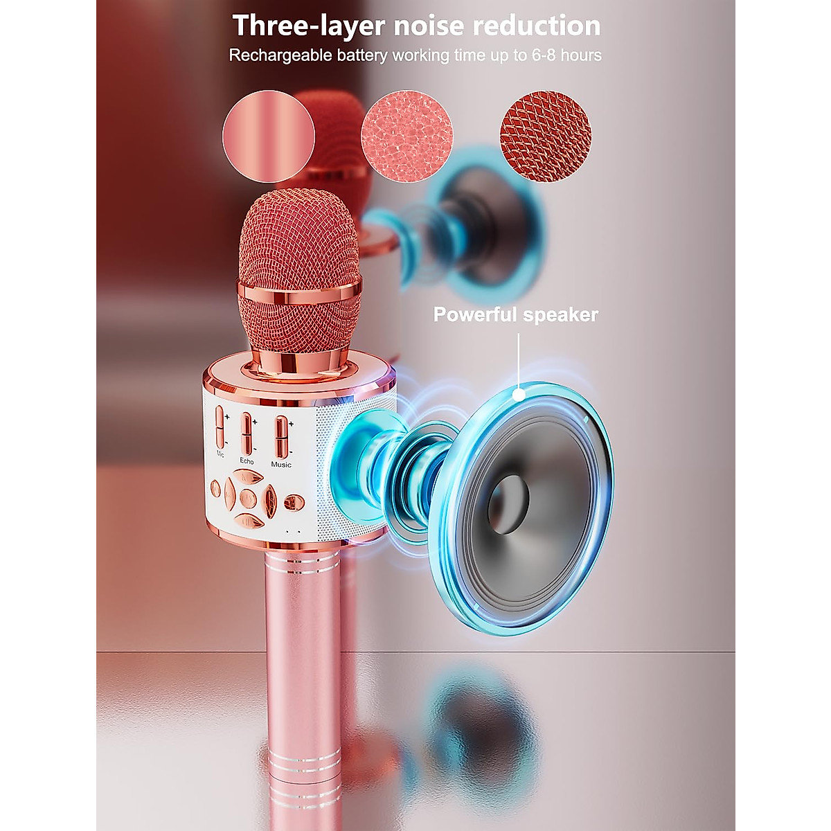 Ankuka Karaoke Microphone for Kids, Bluetooth Karaoke Microphone with LED Lights,Portable 4 in 1 Wireless Microphone Toys Christmas Birthday Gift Home Party Kids Toys for Girls Boys Adults(Rose Gold)