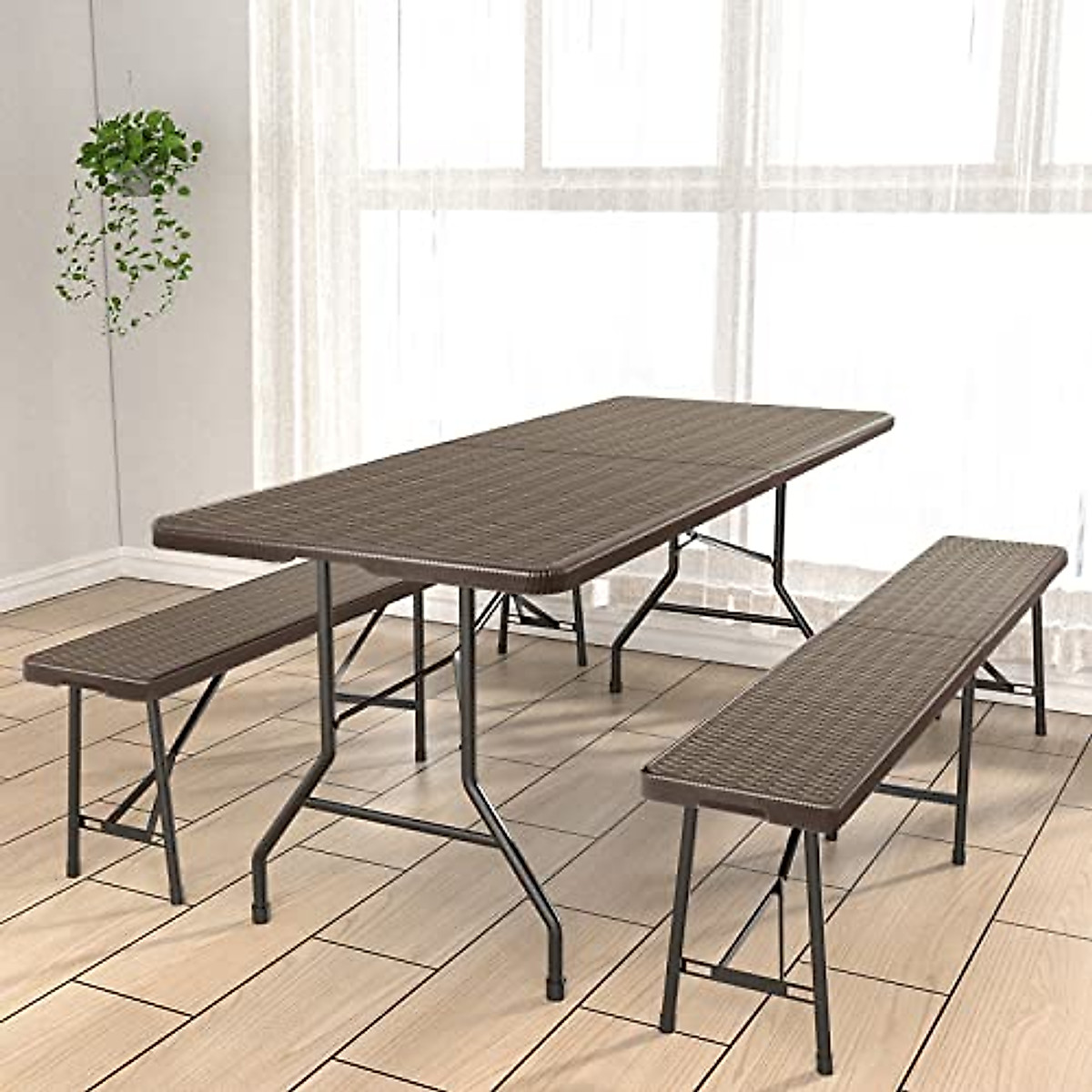 Todeco 2Pcs Folding Benches, 6 Ft Portable Foldable Bench Seat for Soccer Camping Picnic Party with Carrying Handle, Suit for Indoor & Outdoor, Brown Imitated Rattan