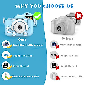 Dwfit Upgrade Selfie Kids Camera, Christmas Birthday Gifts for Boys Girls Age 3-12, HD Kids Digital Video Cameras for Toddler with Cartoon Soft Silicone Cover, Portable Toy for 3 4 5 6 7 8 Years Old