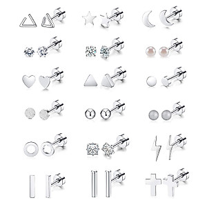 Flat Back Earrings Hypoallergenic,18 Pairs Stainless Steel Flat Back Stud Earrings for Women Men 20G Star Moon Heart Disc Ball CZ Cartilage Earrings Screw Back Flatback Earrings for Sensitive Ears