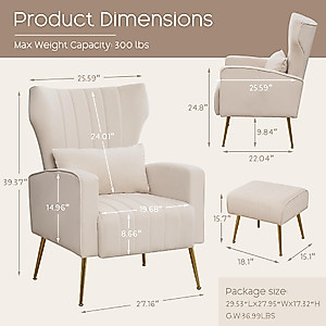 YUUIJOAA Accent Chairs Set of 2 - Upholstered Velvet Modern Comfy Wingback Reading Armchair with Ottoman Bedroom Single Sofa Chair with Pillows Beige