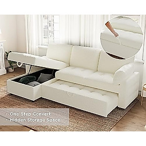 VanAcc Pull Out Sofa Bed, Modern Tufted Convertible Sleeper Sofa, Boucle Sleeper Sectional Couch Bed with Storage Chaise, L Shaped Sofa Couch for Living Room (White)