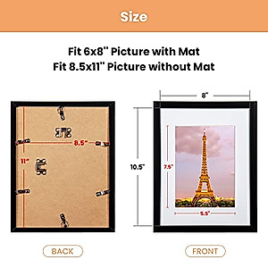 upsimples 8.5x11 Picture Frame Set of 3, Made of High Definition Glass for 6x8 with Mat or 8.5x11 Without Mat, Wall Mounting Photo Frames, Black