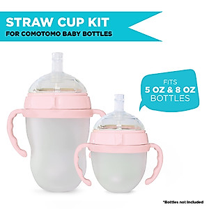 Straw Transition Cup Kit for Comotomo Baby Bottles | Conversion Kit Fits 5 Ounce and 8 Ounce Bottles | Soft, Silicone Straw Top Bottle Nipple & Weighted Straw to Help Baby Transition | 2 Pack (Pink)