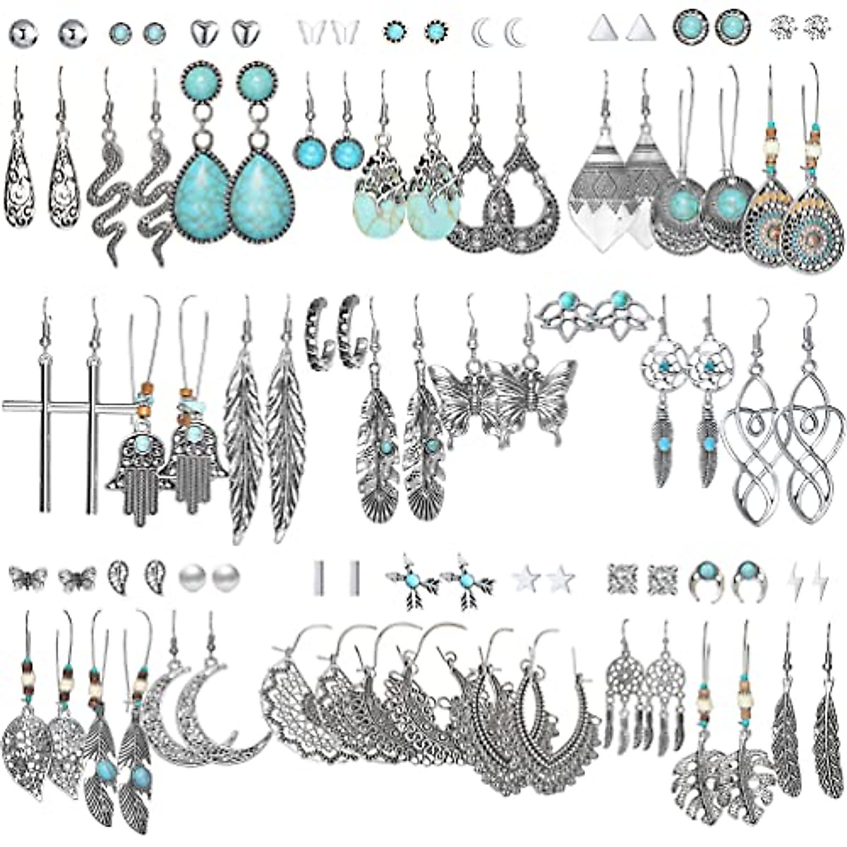 45 Pairs Silver Drop Dangle Earrings Set for Women, Boho Vintage Bronze Waterdrop Dangling Earrings