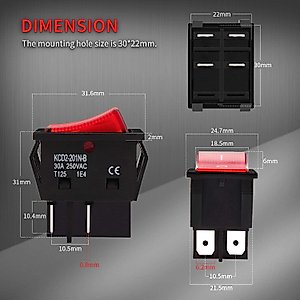 DaierTek 30A 250V KCD2 KCD4 Rocker Switch DPST 4 Pin Red Lighted 120V Rocker Toggle Switch ON Off Heavy Duty T125-3Pack