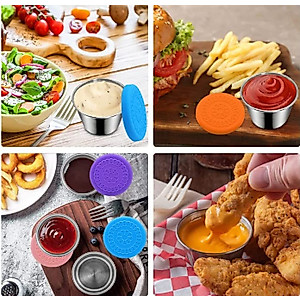 ZHAO 6 Pack 2.4oz Small Condiment Containers with Silicone Lids, Small Salad Dressing Container To Go, Stainless Steel Sauce Container, Leakproof, Reusable, Dipping Sauce Cups with Lids