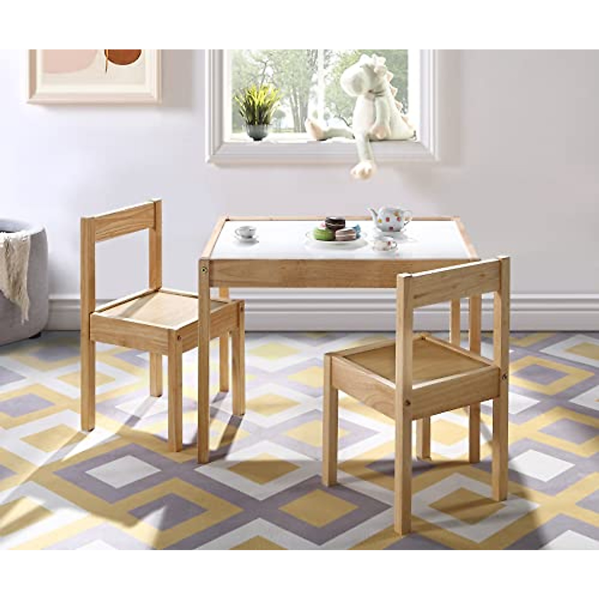 Olive & Opie Gibson 3-Piece Dry Erase Kids Table & Chair Set, Natural