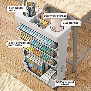 5 Tier Mobile Bookshelf, Removable Movable Unique Bookcase, Utility Organizer White Bookshelves with Wheels for Kids Children Students Study at Home School Bedroom Living Room
