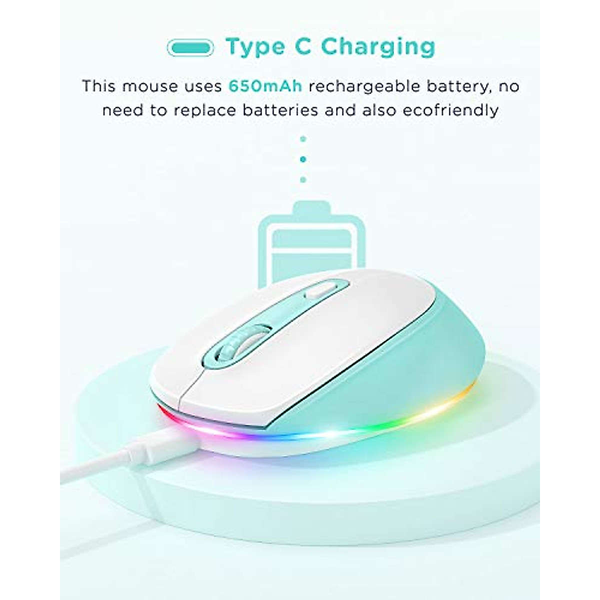 seenda Bluetooth Mouse - Light Up Rechargeable Wireless Mouse (Bluetooth 3.0/5.0+USB) for Computer. Ultra Quiet Multi-Device Mouse for Notebook, Kids' Chromebook, Macs, and Windows - Mint Green