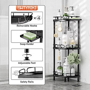 SWTYMIKI Corner Shower Caddy Standing - 3 Tier Stainless Steel Shower Organizer Stand with 4 Hooks & Soap Holder, Rustproof Metal Standing Tall Floor Shower Shelf and Bathroom Organizer, Black