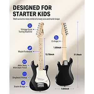 Donner 30 Inch Kids Electric Guitar Beginner Kits ST Style Mini Electric Guitar for Boys Girls with Amp, 600D Bag, Tuner, Picks, Cable, Strap, Extra Strings, DSJ-100, Black