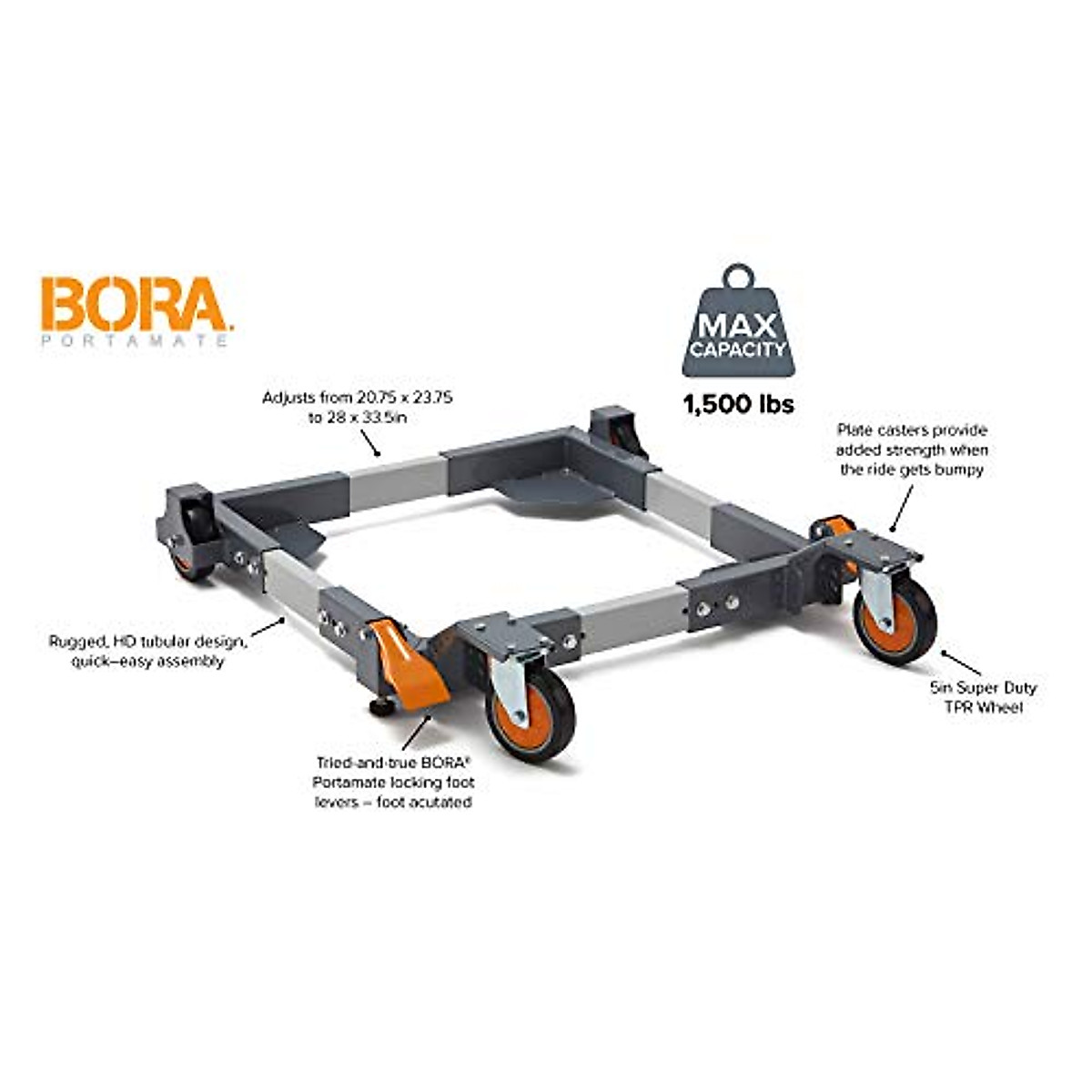 Bora Portamate Mobile Base PM-3800 with High Clearance 5” Wheels – Universal, Heavy Duty, Adjustable Rolling Kit, Floor Dolly Roller for Equipment, Power Tools, Machines- 1500 lb Capacity