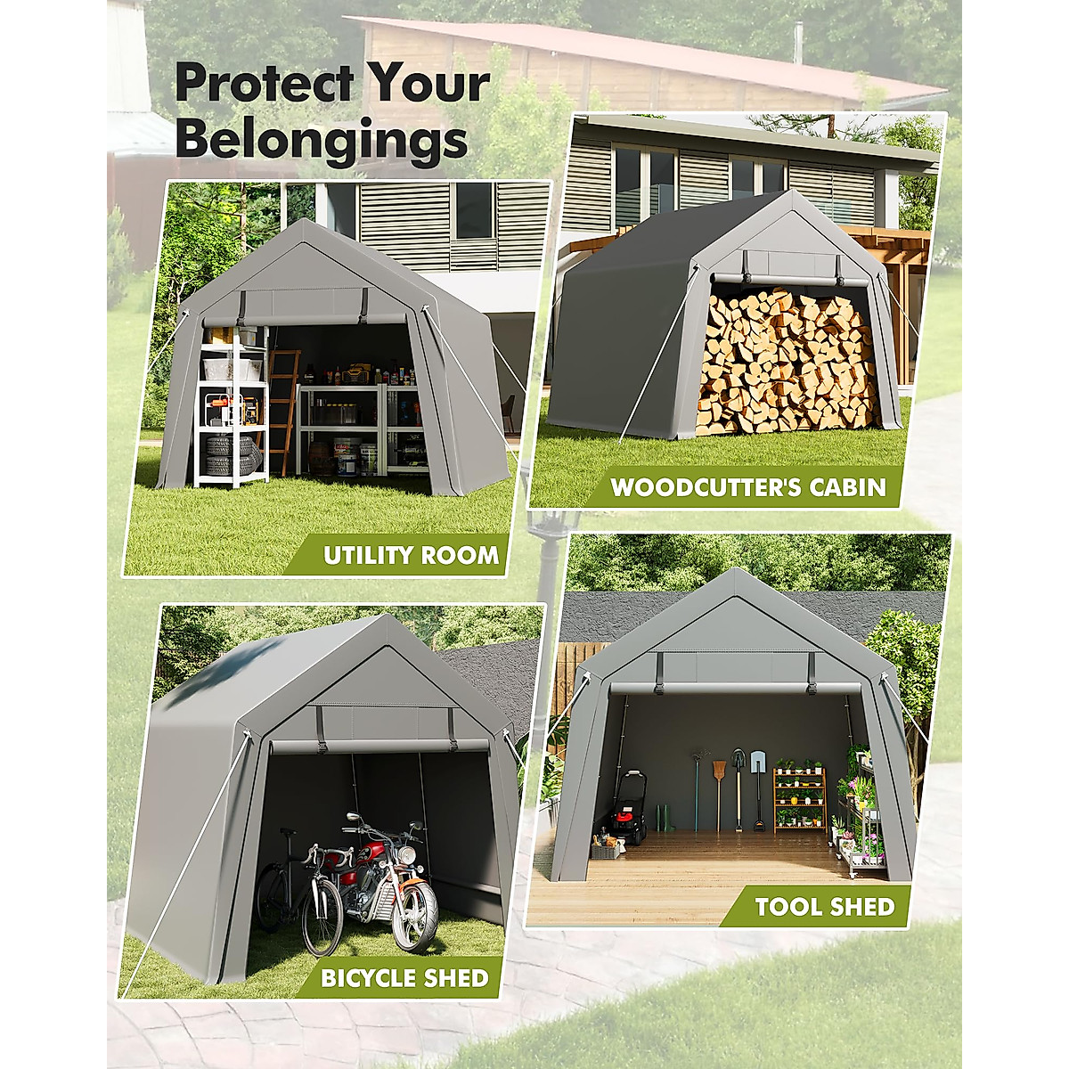 GarveeLife 6' x 8' Outdoor Portable Shed, Shelter Logic with Roll-up Zipper Door, Heavy Duty Waterproof Tarp, Storage Tent for Motorcycle, Bike, Firewood, Garden Tools