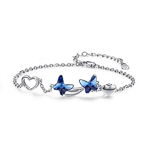 MEDWISE Butterfly Bracelets for Women Sterling Silver Butterfly Bracelets with Blue Crystal Animal Adjustable Bracelets Butterfly Wrist Bracelets Jewelry Christmas Gifts for Women