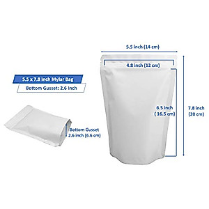 100 Pack Matte White Mylar Stand Up Bags - 5.5x7.8 Inches Resealable Smell Proof Packaging Pouch, Sealable Foil Bags for Food Storage, Sample Pouches