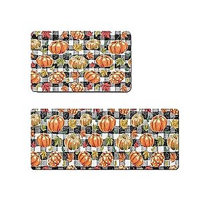 Buffalo Plaid Pumpkins Bath Mat for Tub,Non Slip Bathroom Floor Runner Rug Quick Dry & Absorbent Diatomaceous Earth Shower Sink Kitchen Doormat,Thanksgiving Fall Leaves Black White 20x24+20x48