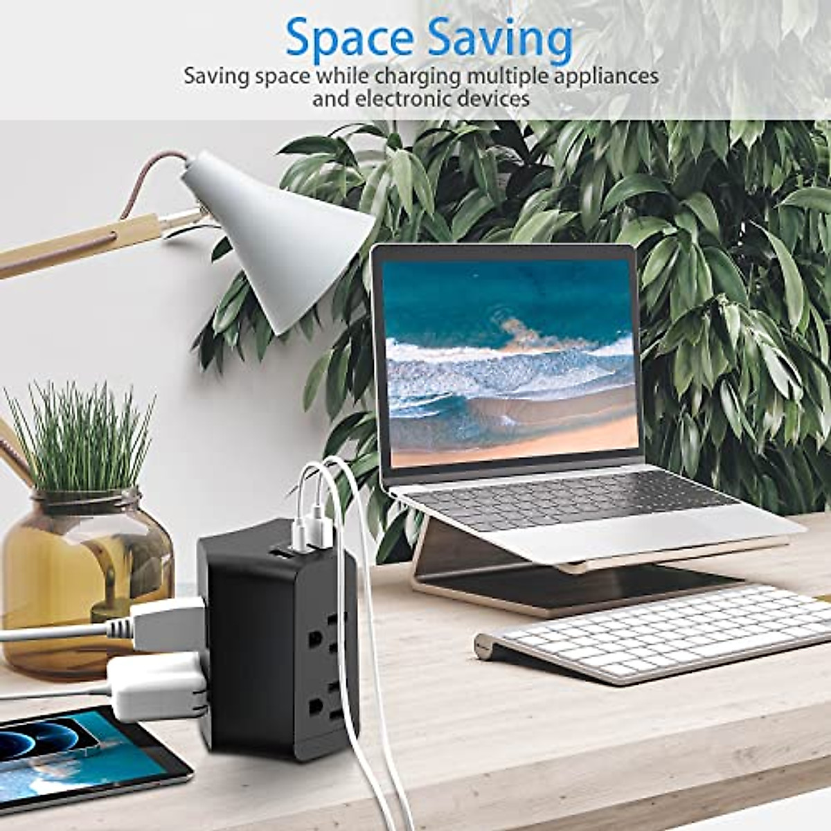 Power Strip Tower, Flat Extension Cord with 6 AC Outlets and 3 Extra Charging Ports, Surge Protector Power Strip Tower 5 FT, Flat Plug Power Strip 1250W, USB Charging Station for Home,Office,Dorm