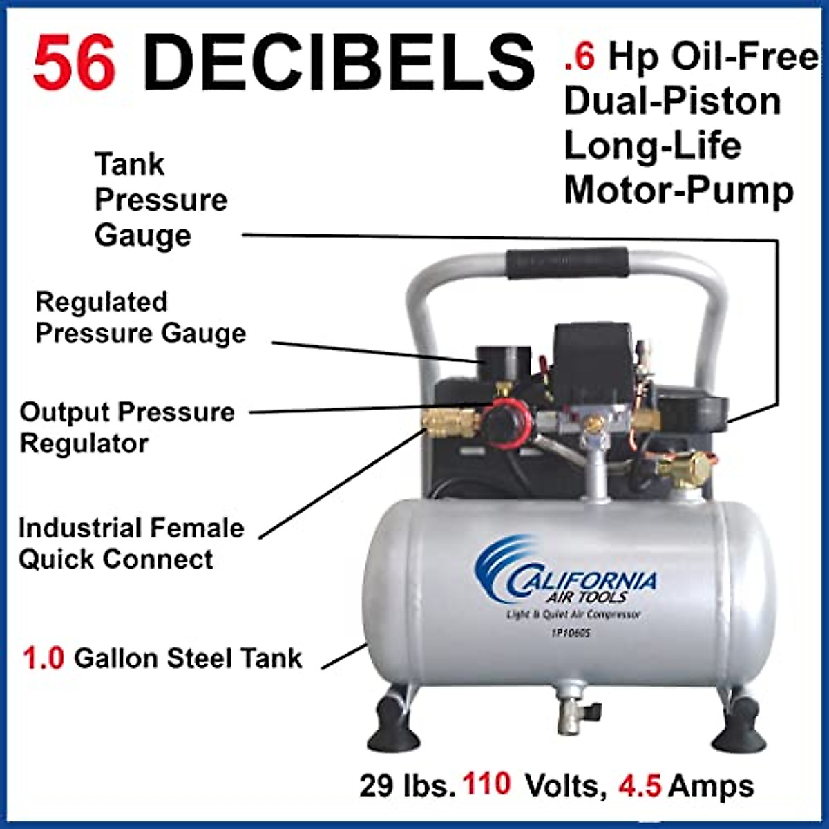 California Air Tools CAT-1P1060S Light & Quiet Portable Air Compressor, Silver