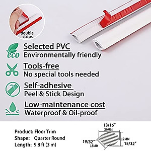 Flexible Quarter Round Molding Trim, 9.8 Ft Caulk and Trim Strips for Floors, Countertops and More, Peel and Stick Self-Adhesive, White