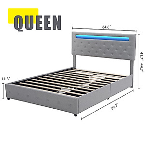 Fushimuma Queen LED Bed Frame with Drawers, Upholstered Platform Bed Frame with Adjustable Button Tufted Headboard and 2 USB Ports, Solid Wooden Slats Support, No Box Spring Needed, Light Grey