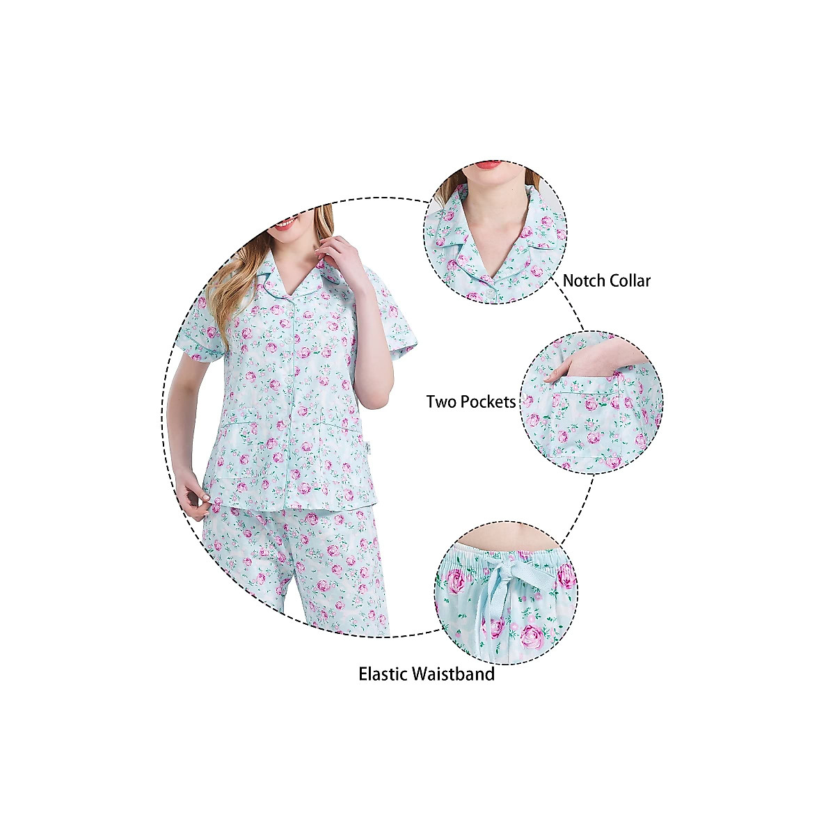 GLOBAL Women's 100% Cotton Pajama Sets | Two-Piece Soft Short-Sleeved and Long Pants PJs for Spring and Summer | Button Down Front Top and Drawstring Waist Bottom Nightwear