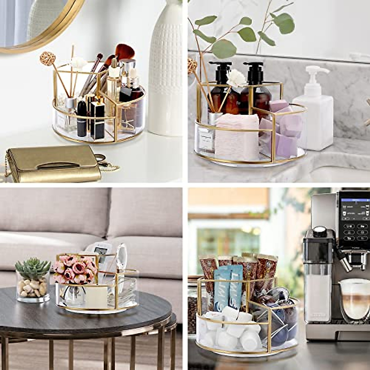 Hipiwe 360 Rotating Makeup Organizer 3-Slot Gold Glass Cosmetic Display Case Round Vanity Storage Holder Dresser Bathroom Organizer for Prefume Makeup Bushes Lipsticks