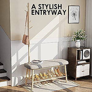 Bamworld Coat Rack Shoe Bench for Entryway, Hall Tree Bench with Storage, Bamboo 3-in-1 Design
