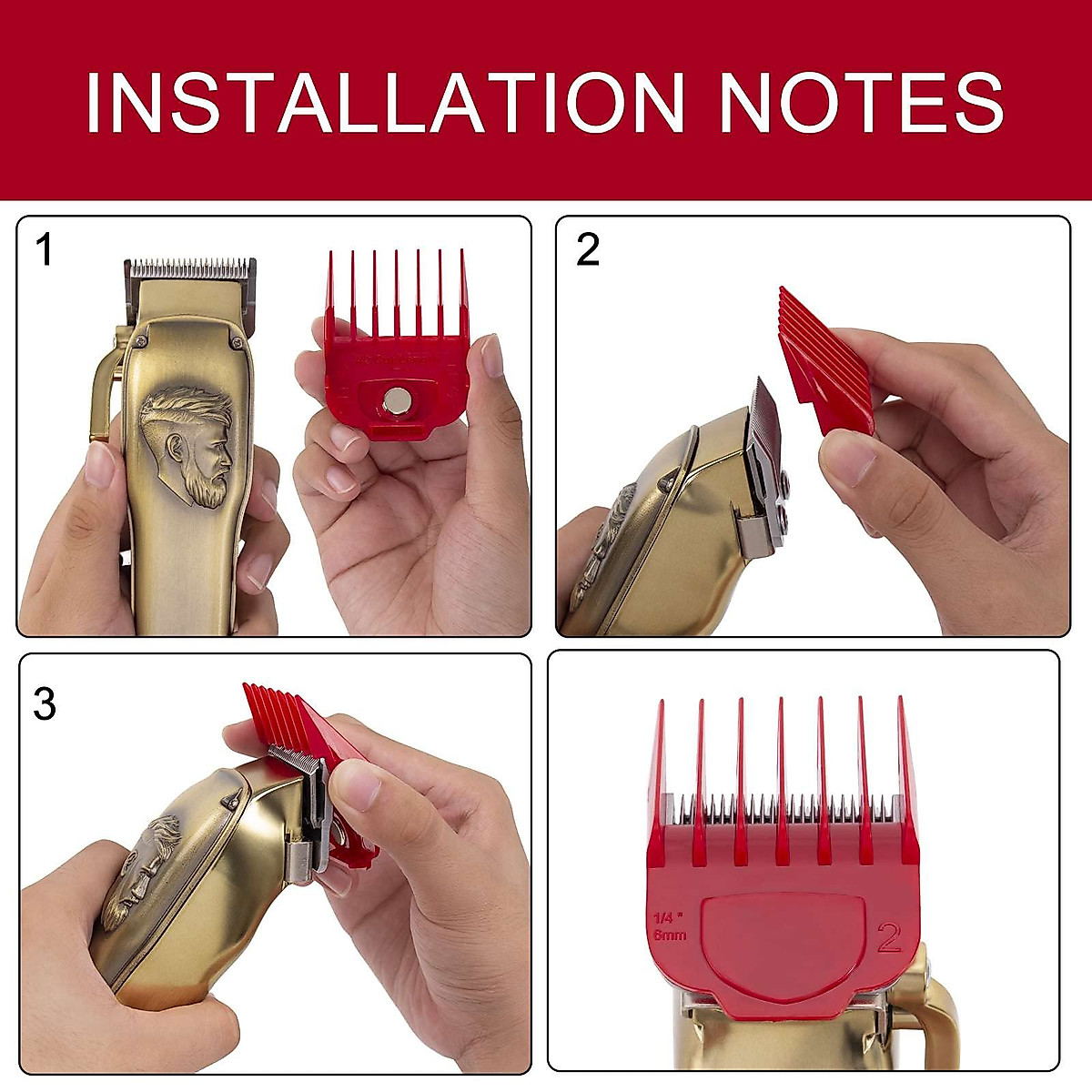 Clipper Guards Magnetic Combs Set for Andis Master Clippers Trimmer Cordless Clipper- 10 Cutting Lengths from 1/16” to 1” Designed for MBA, MC-2, ML, PM-1 And PM-4, Red (10 Pack)