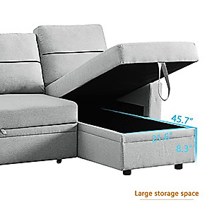 GUONTHO 82" Sectional Sofas with Pull Out Sofa Bed Couch for Living Room Apartment Reversible L Shape Chaise with Soft Cushion and Storage for Small Space Solid Wood & Brown Linen