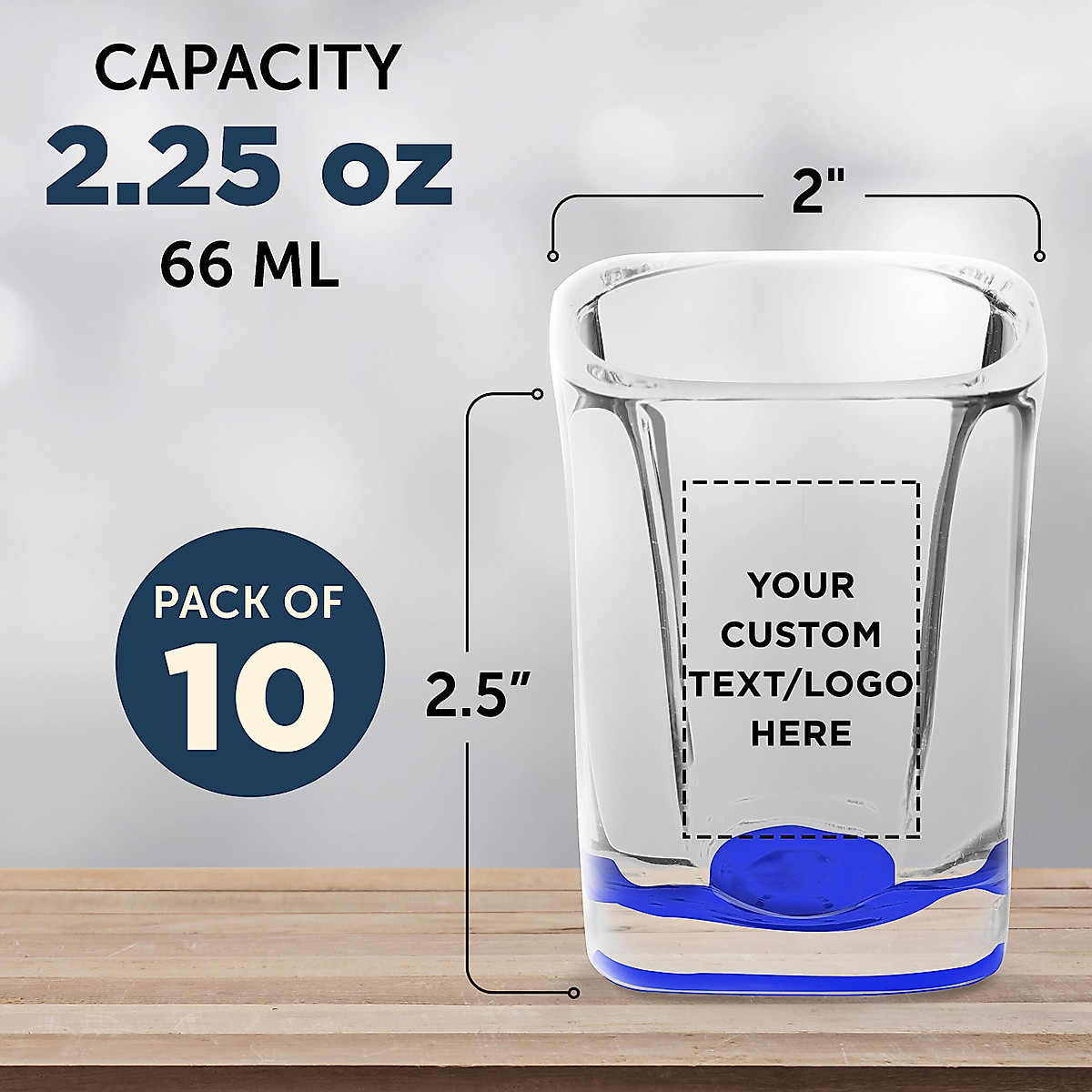 Custom Square Shot Glasses by ARC 2 oz. Set of 10, Personalized Bulk Pack - Great for Weddings, Birthdays, Parties, Indoor & Outdoor Events - Blue