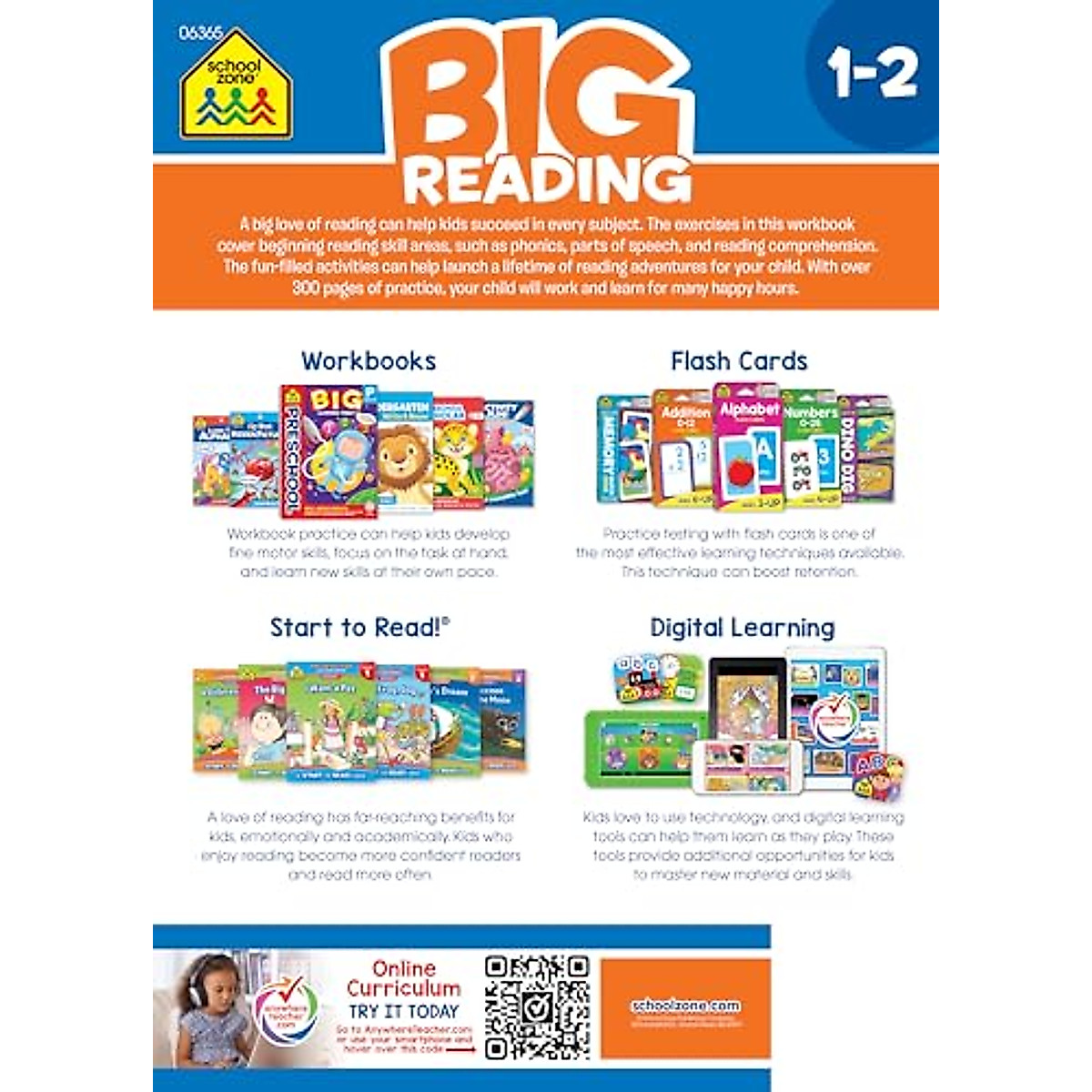 School Zone - Big Reading 1-2 Workbook - 320 Pages, Ages 6 to 8, 1st Grade, 2nd Grade, Story Order, Parts of Speech, Comprehension, Phonics, Vowels, and More (School Zone Big Workbook Series)